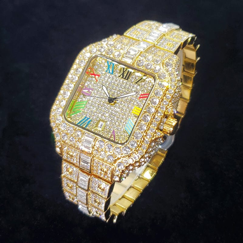 2025 Luxury Diamond Gold Watch - Iced Out Square Colorful Number Watch