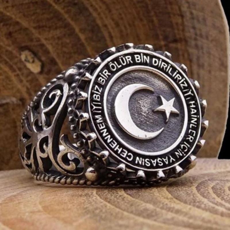 Vintage Turkey Moon Star Ring - Punk Turkish Lettering Engraved Chunky